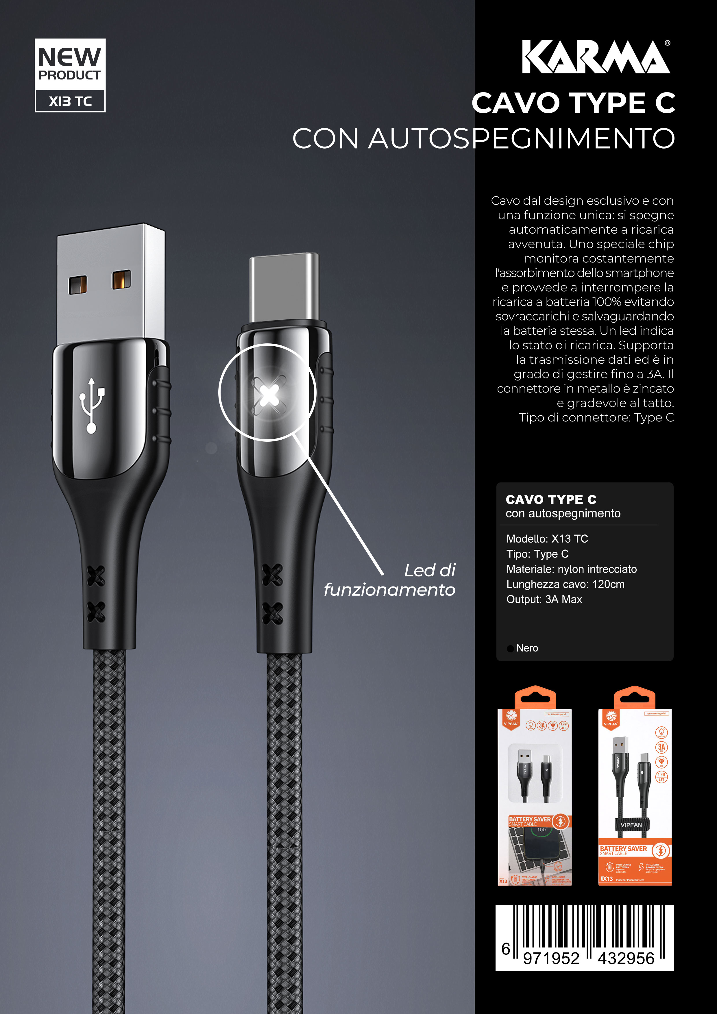KARMA ITALIANA Srl Cavi di ricarica e dati - X13 TC Cavo Type C con autospegnimento